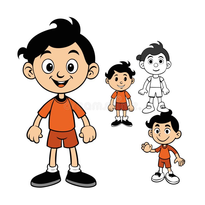 Cartoon Boy Character Poses with Outline Version Stock Illustration ...