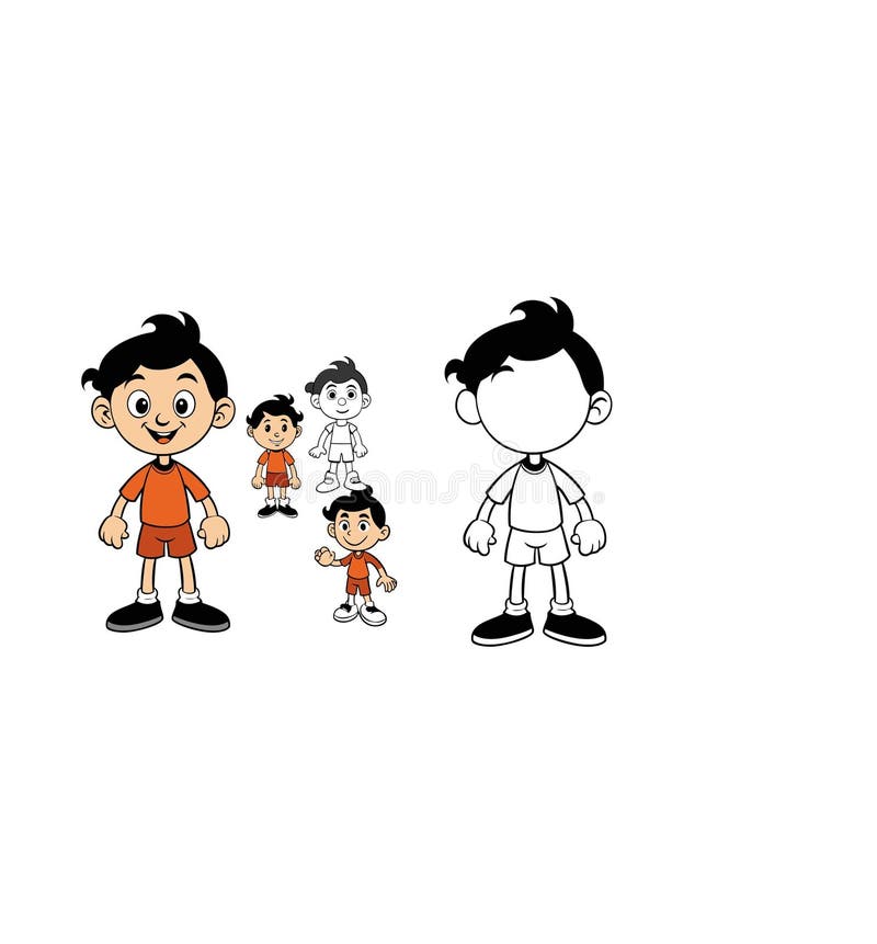 Cartoon Boy Character Poses with Outline Version Stock Vector ...