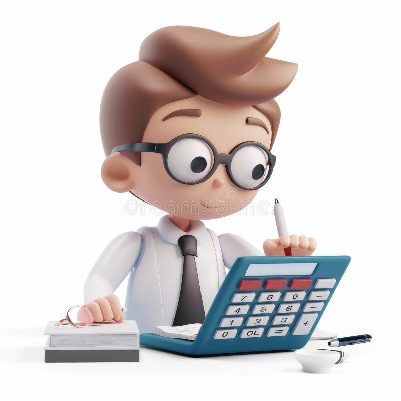 Happy 3D Cartoon Accountant Working on Calculator Stock Illustration ...