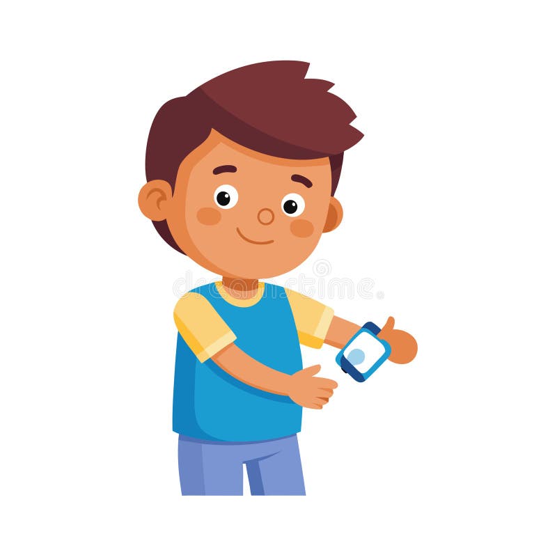 Cartoon Boy Checking His Smartwatch Flat Vector Illustration on a White ...