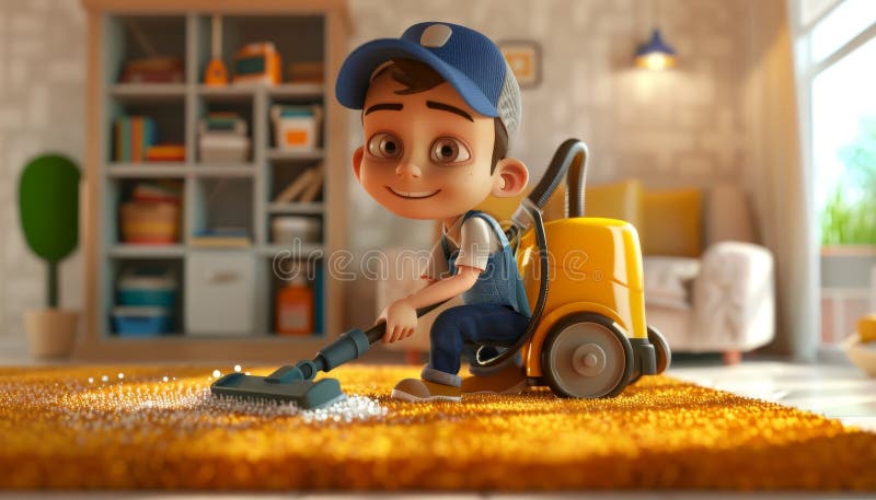 A Cartoon Boy is Cleaning a Carpet with a Vacuum Cleaner by AI ...