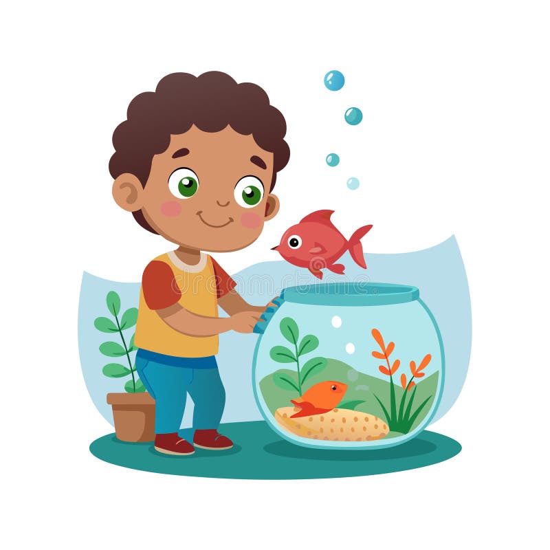 Cartoon Boy Cleaning a Fish Tank with Fish, Plants and Bubbles Stock ...