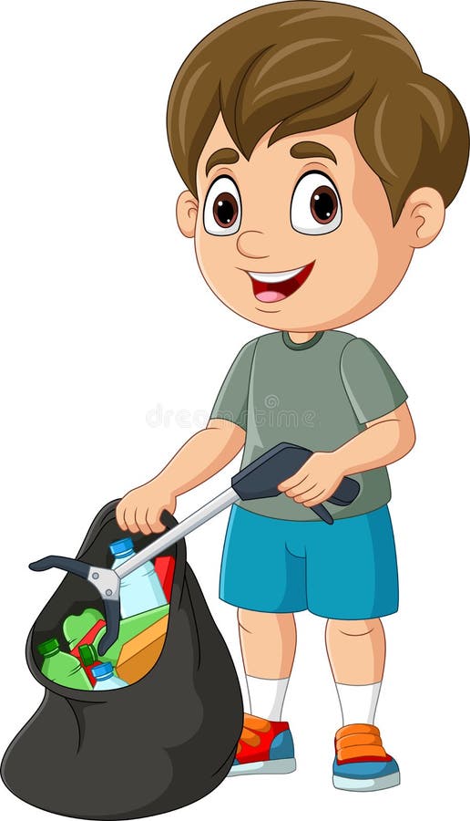 Cartoon Boy Collecting Plastic Garbage with Litter Stick Stock Vector ...