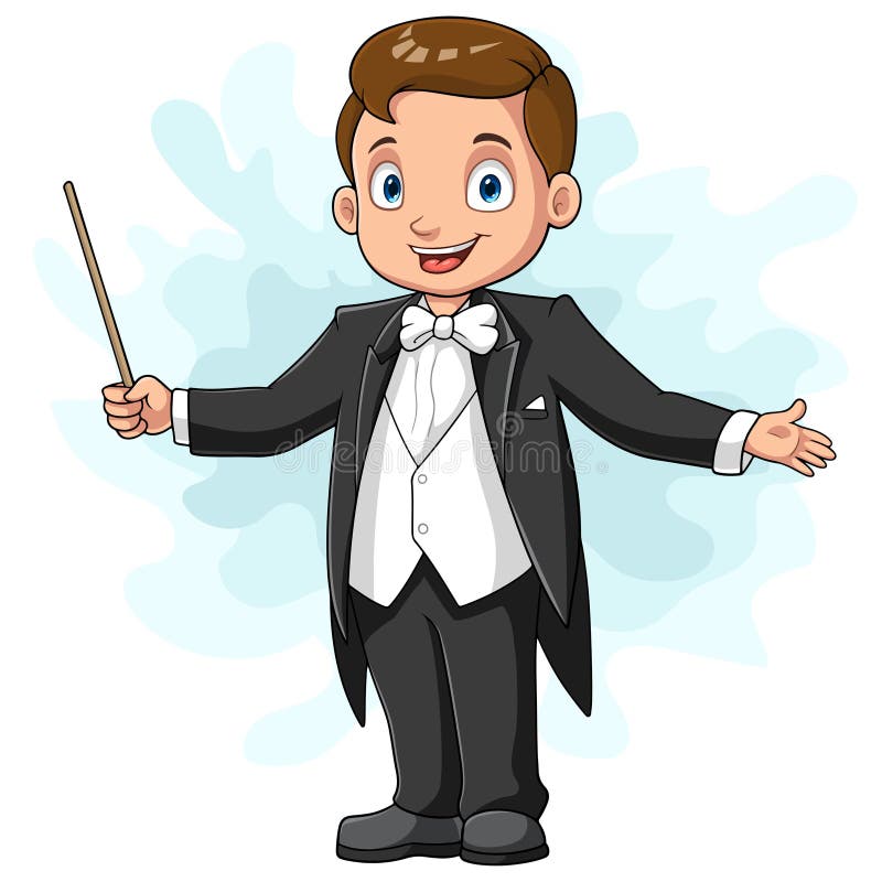 Cartoon boy conductor directing with baton. Vector illustration