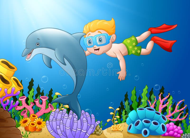 Cartoon Boy Diving in the Sea with Dolphin Stock Vector - Illustration ...
