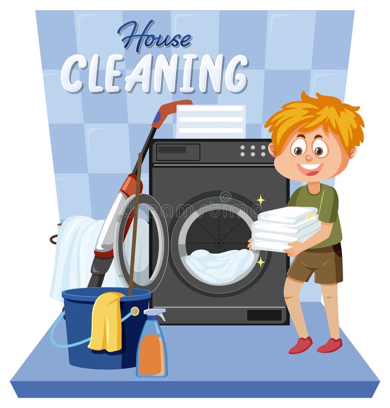 Cartoon Boy Doing Laundry with Washing Machine Stock Vector ...