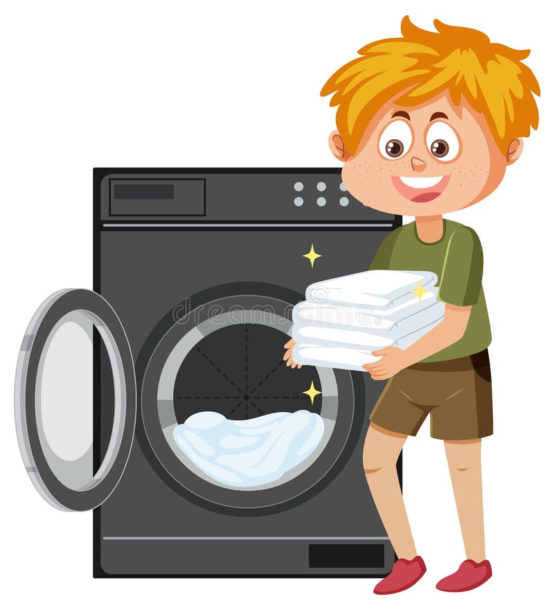 Cartoon Boy Doing Laundry with Washing Machine Stock Vector ...