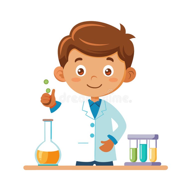 Cartoon Boy Doing Science Experiments with Flasks and Test Tubes on ...