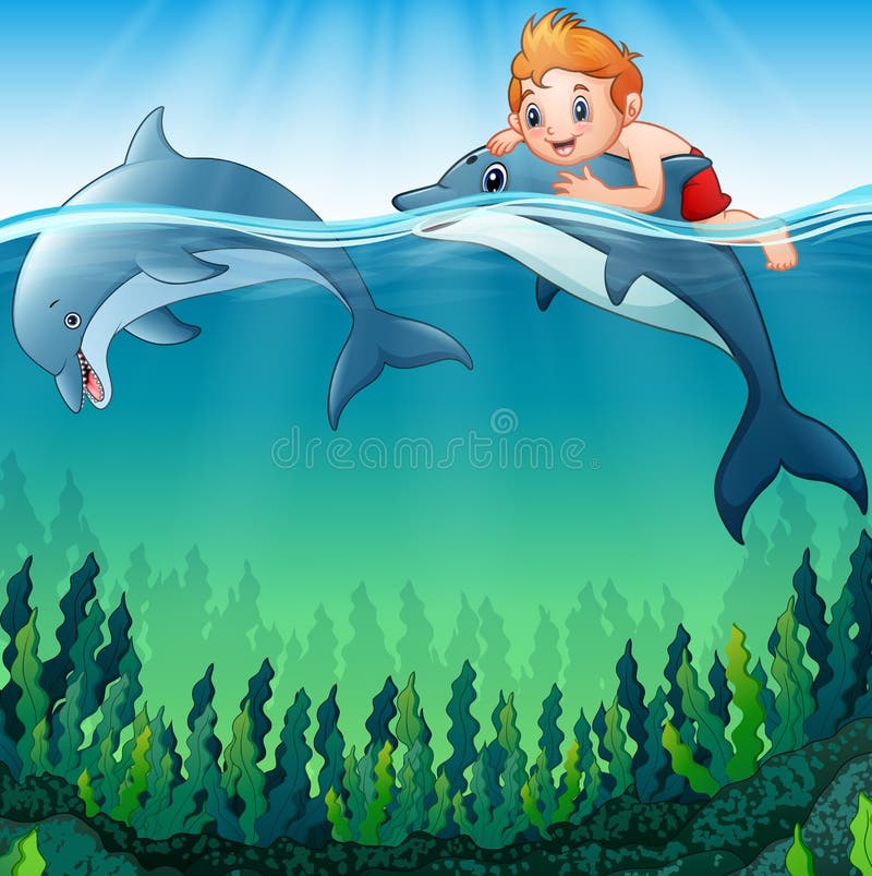 Little Boy Cartoon Riding Dolphins Stock Illustrations – 3 Little Boy ...
