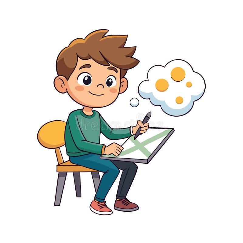 Cartoon Boy Drawing on a Tablet with a Pen and Thinking Stock Vector ...