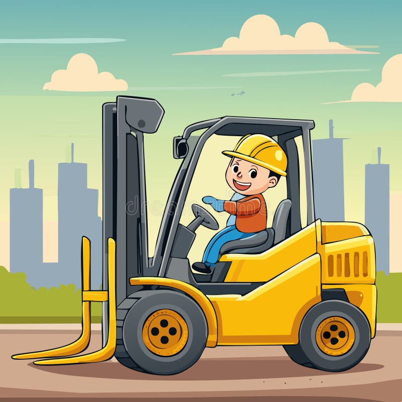 Cartoon Boy Driving a Forklift in the City. Vector Illustration Stock ...