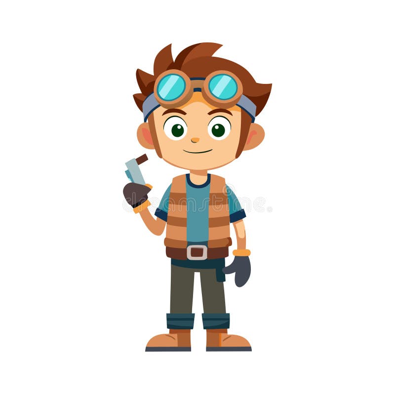 Cartoon Boy Engineer or Inventor with Goggles and Tool Stock Vector ...