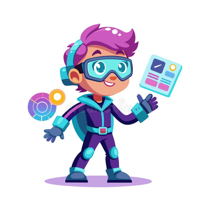 Cartoon Boy Exploring Virtual Reality UI Design Interface with VR ...
