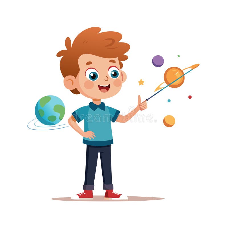 Cartoon Boy Explaining the Planets of the Solar System with a Pointer ...
