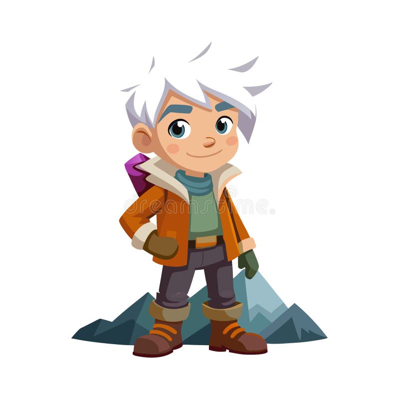 Cartoon Boy Explorer with Backpack Standing in Front of Mountains Stock ...