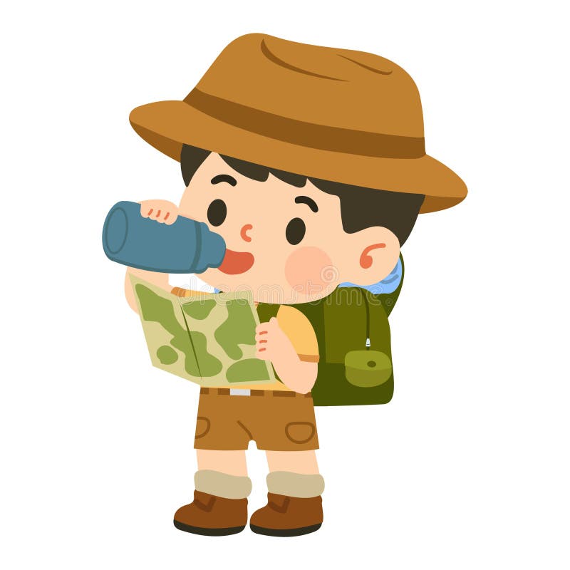 Cartoon Boy Explorer with Map and Water Bottle Stock Illustration ...