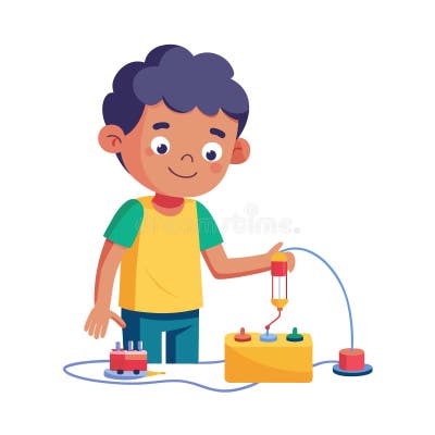Cartoon Boy Exploring Electrical Circuits for Science Project, Learning ...