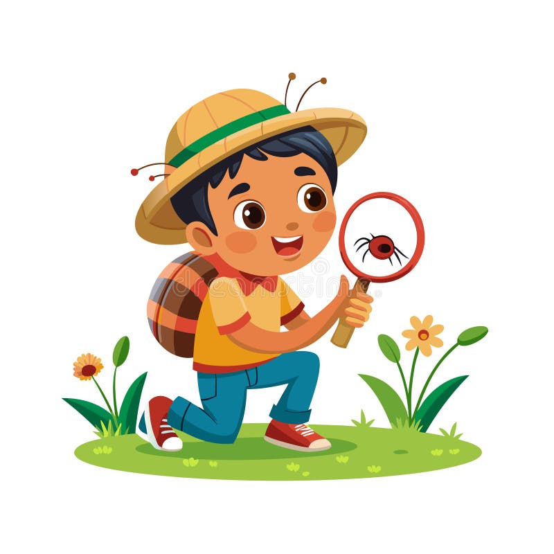 Cartoon Boy Exploring Nature with Magnifying Glass, Examining Bug ...
