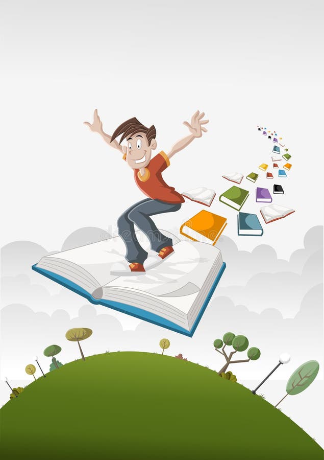 Cartoon Boy Flying on Big Book Stock Vector - Illustration of happy ...