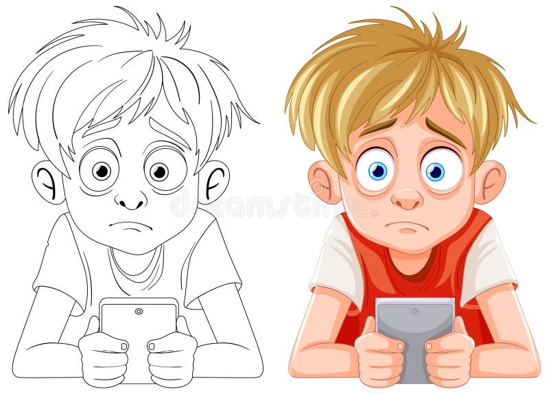 Cartoon Boy Focused Playing with His Mobile , Outline and Color Stock ...