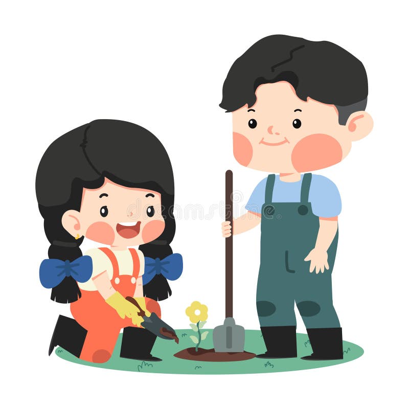 Cartoon of a Boy and Girl Planting a Tree Together Stock Vector ...