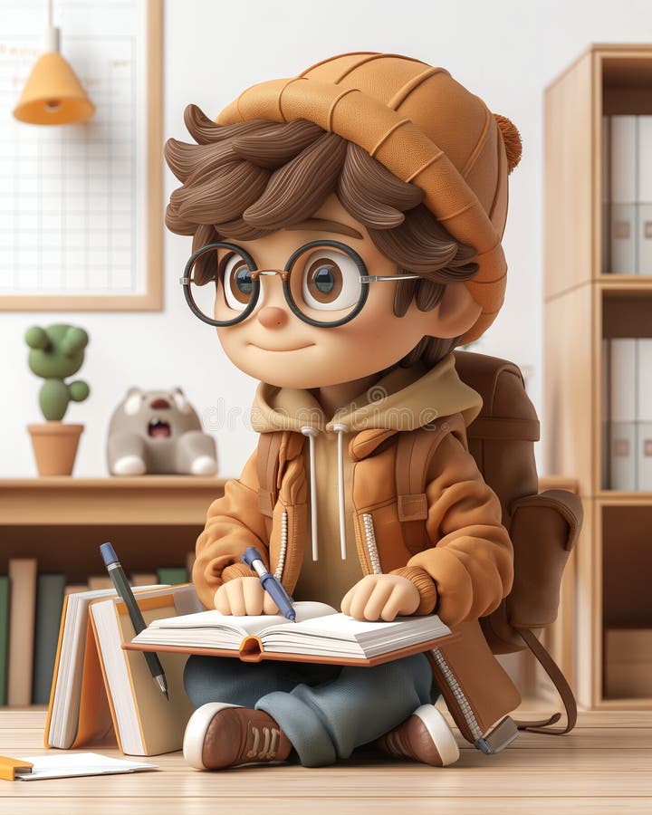 A Cartoon Boy with Glasses Focused on Studying in a Cozy Room. Stock ...