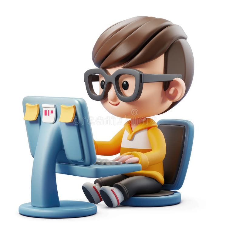 Cute Cartoon Boy Working on Computer, 3D Render Stock Illustration ...