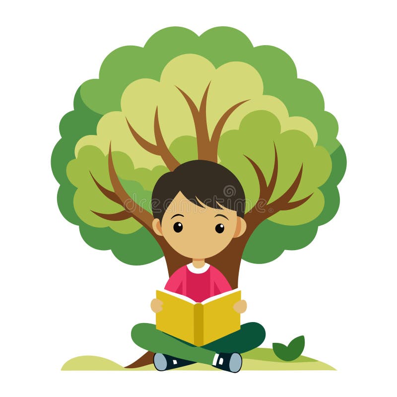Boy Reading Book Under Tree: Cartoon Vector Illustration for Education ...