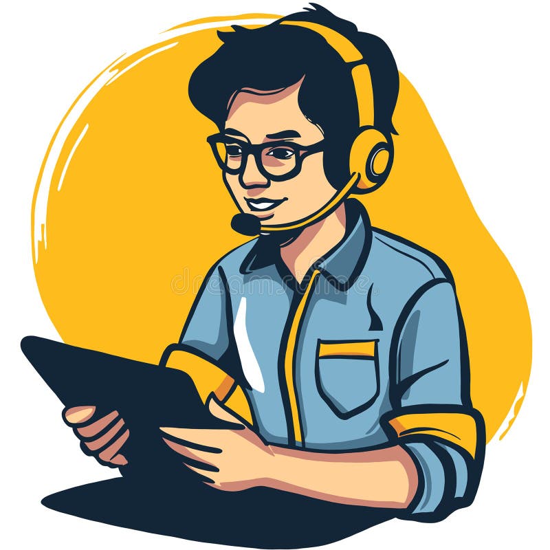 Cartoon Boy with Headset Playing on Tablet Stock Illustration ...