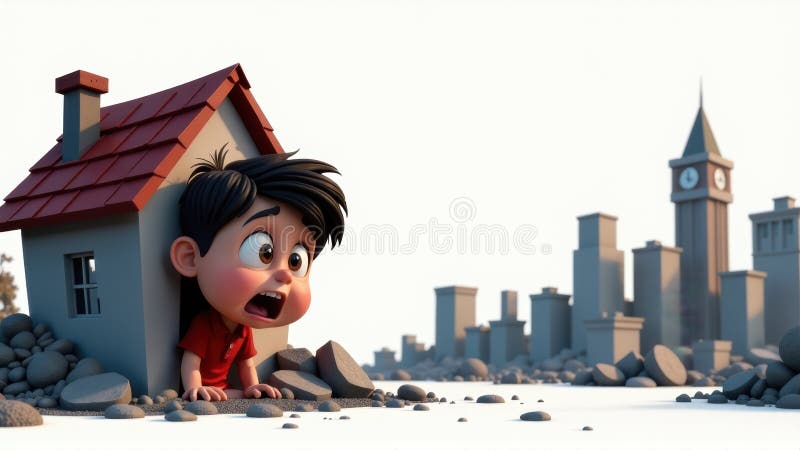 Cartoon Boy Hiding in House Amidst Destruction Stock Illustration ...