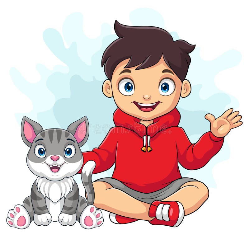 Cartoon boy with his cat stock vector. Illustration of friendship ...