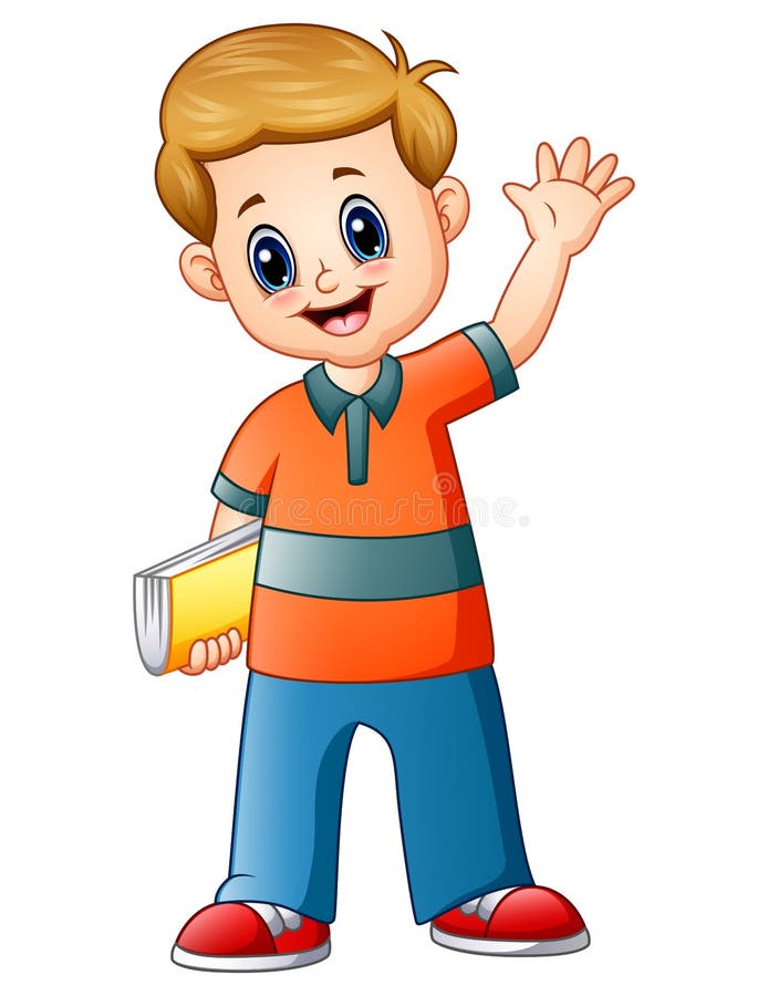 Cartoon Boy Holding a Book with Waving Hand Stock Vector - Illustration ...