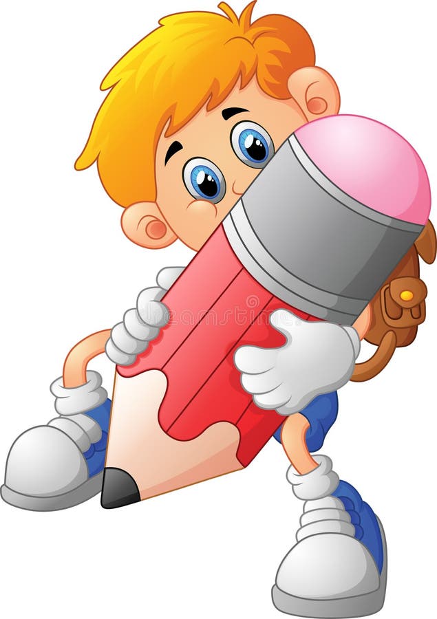 Cartoon boy holding pencil stock illustration. Illustration of posing ...