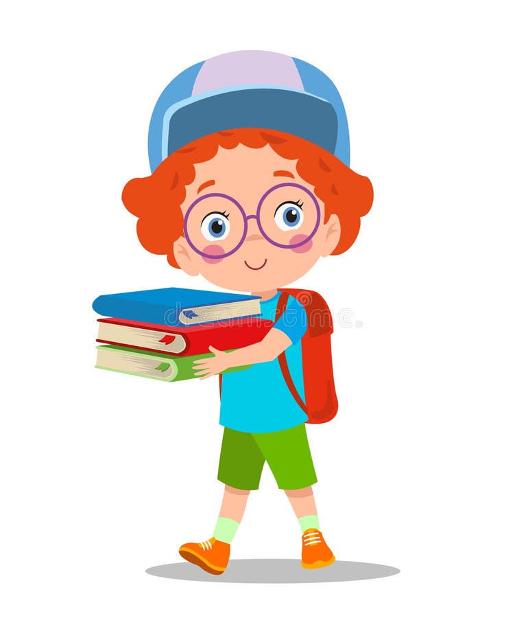 Cartoon Boy Holding a Pile of Books Stock Illustration - Illustration ...
