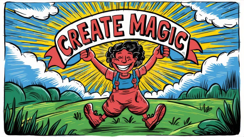 A Cartoon Boy Holding a Sign that Says Create Magic, AI Stock Image ...