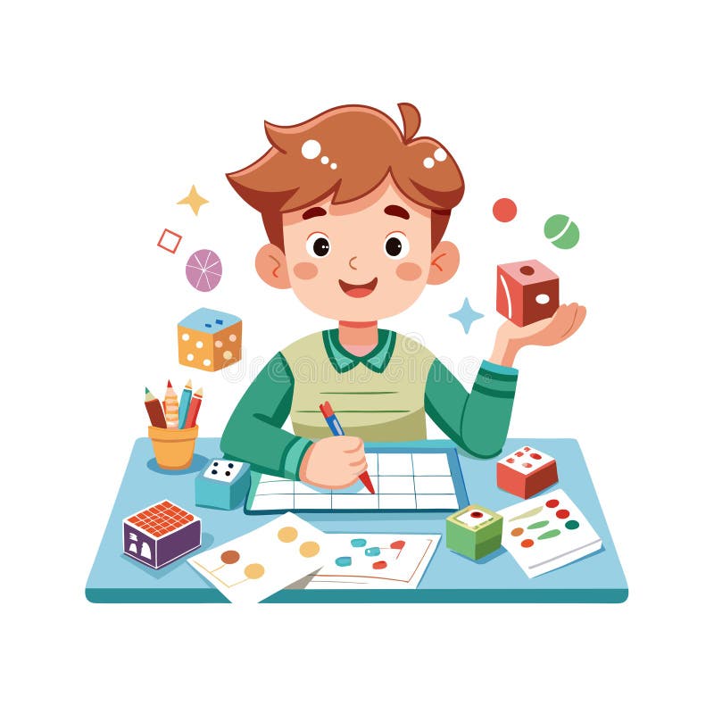 Boy Learning Math at Home with Dice and Coloring Tools Cartoon ...