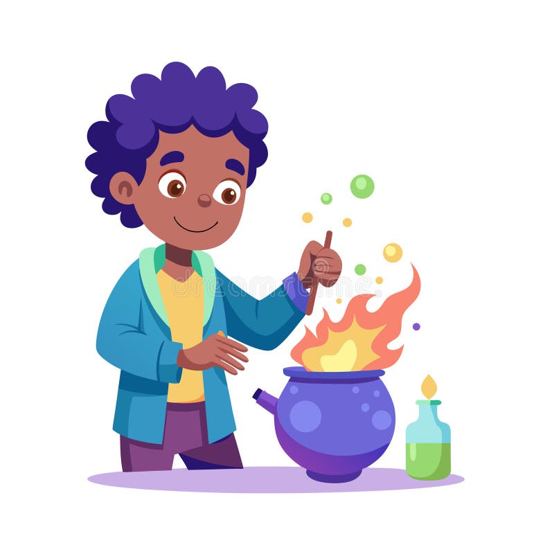 Cartoon Boy Mixing Potion in Cauldron: Wizard, Magic, Science ...