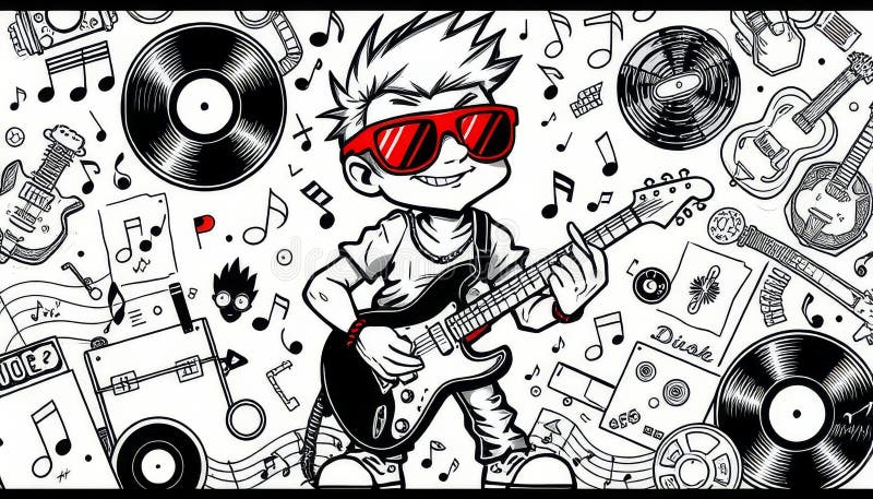 Cartoon Boy is Playing a Guitar with a Record Player in the Background ...