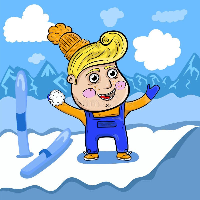 Cartoon Boy Playing in the Snow High in the Mountains. Stock Vector ...