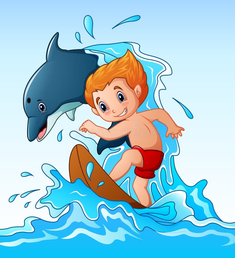 Cartoon Boy Playing Surfboard with a Dolphin Animal Stock Vector ...