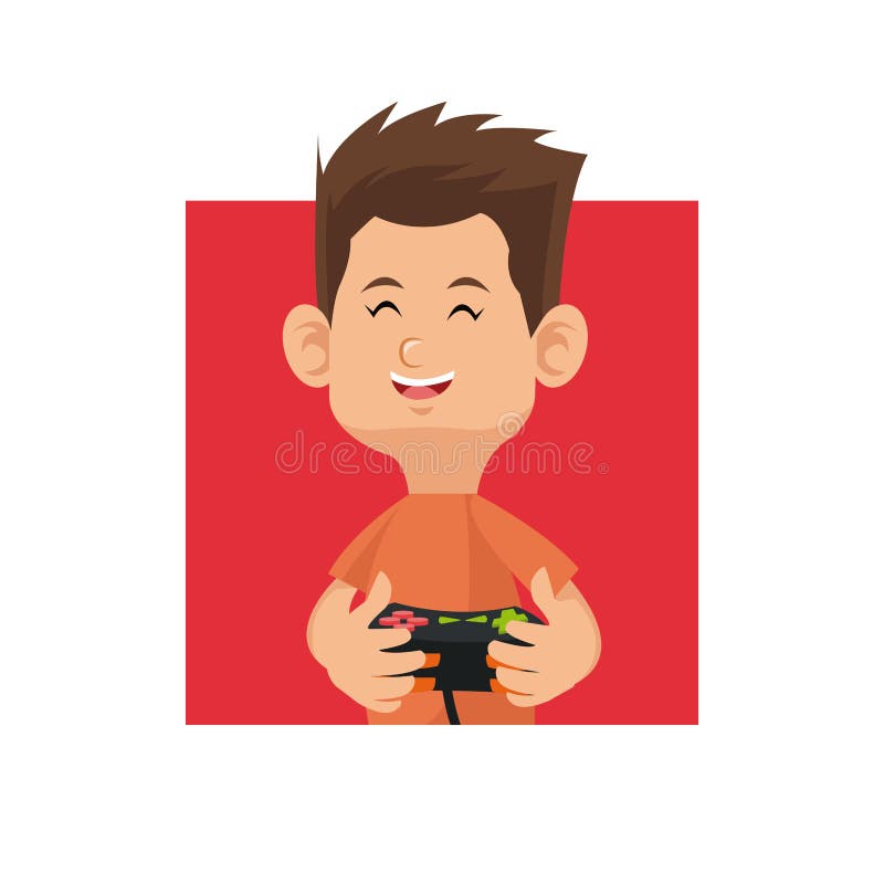Cartoon Boy Playing Video Game with Control Console Red Square Stock ...