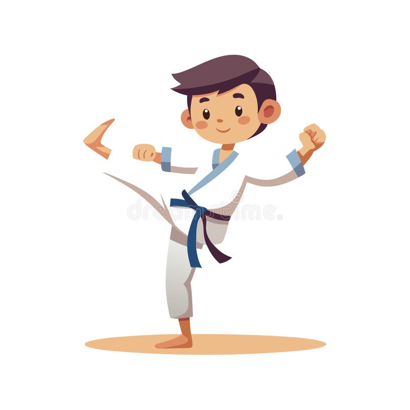 Cartoon Boy Practicing Karate Kick in Gi Uniform on White Background ...
