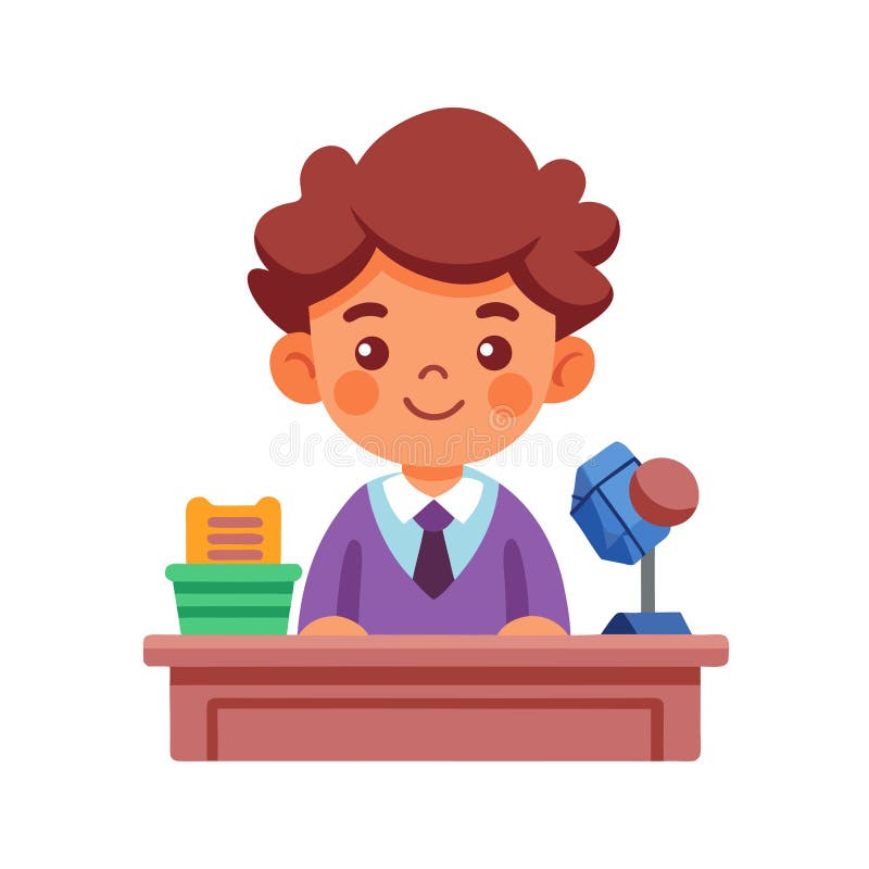 Cartoon Boy Presenting at a Desk with Microphone and Notepad Holder ...