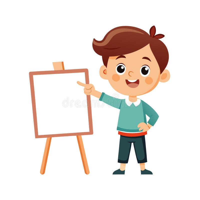 Cartoon Boy Presenting on Easel with Blank Canvas for Learning Concepts ...