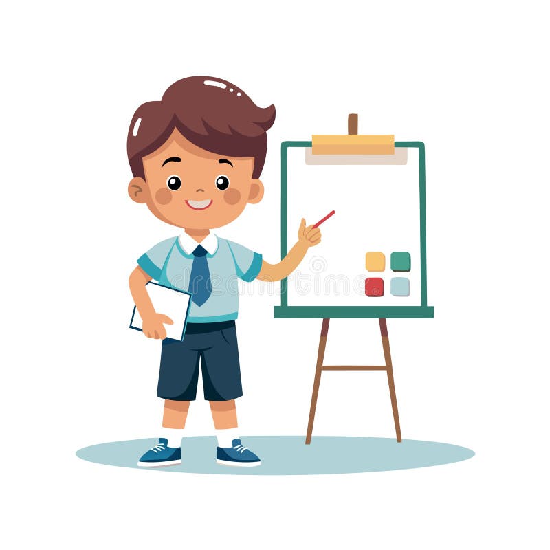 Cartoon Boy Presenting on Easel with Clipboard and Pencil, School ...