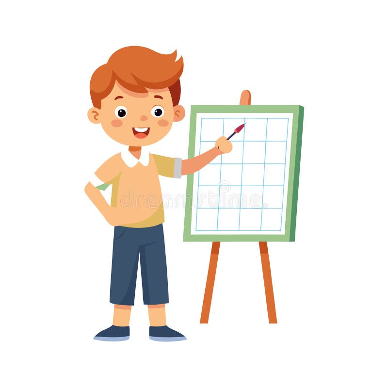 Cartoon Boy Presenting Information on a Calendar or Chart Easel Stock ...