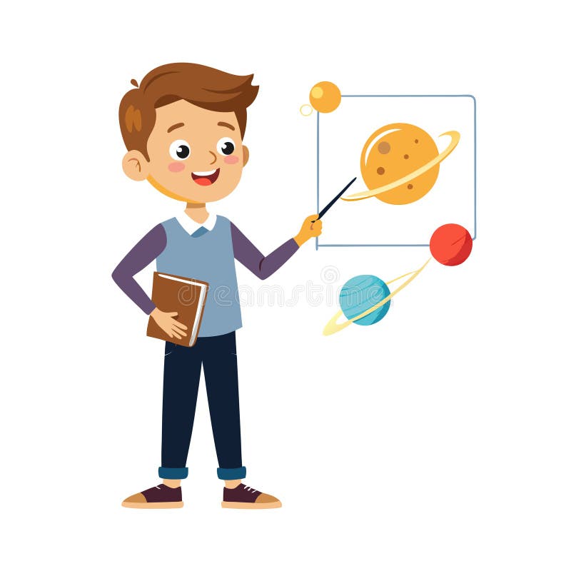 Cartoon Boy Presenting Solar System Illustration, Education, Space and ...