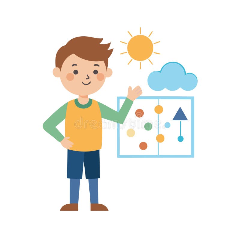 Boy Explaining Weather with Graph and Weather Icons: Sun, Cloud, and ...