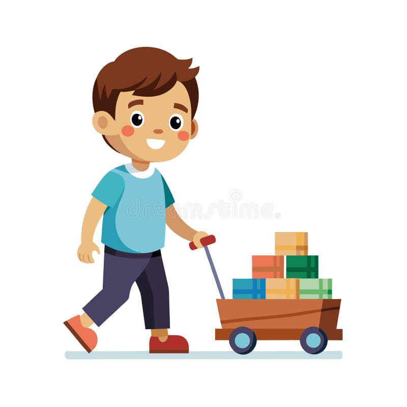 Cartoon Boy Pulling a Wagon Full of Colorful Gift Boxes Illustration ...