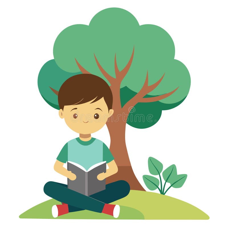 Cartoon Boy Reading a Book Under a Tree in a Park Stock Vector ...